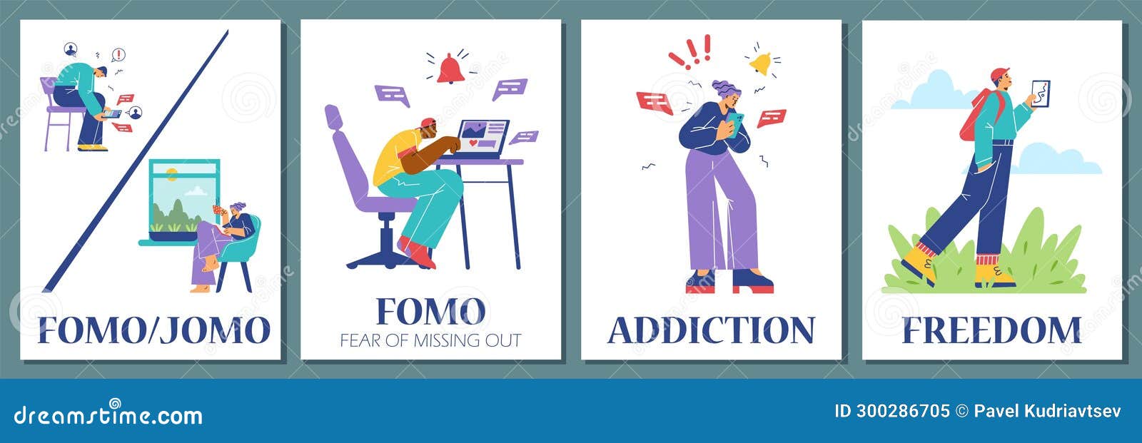 FOMO or Fear and JOMO Joy of Missing Out Banners, Flat Vector ...