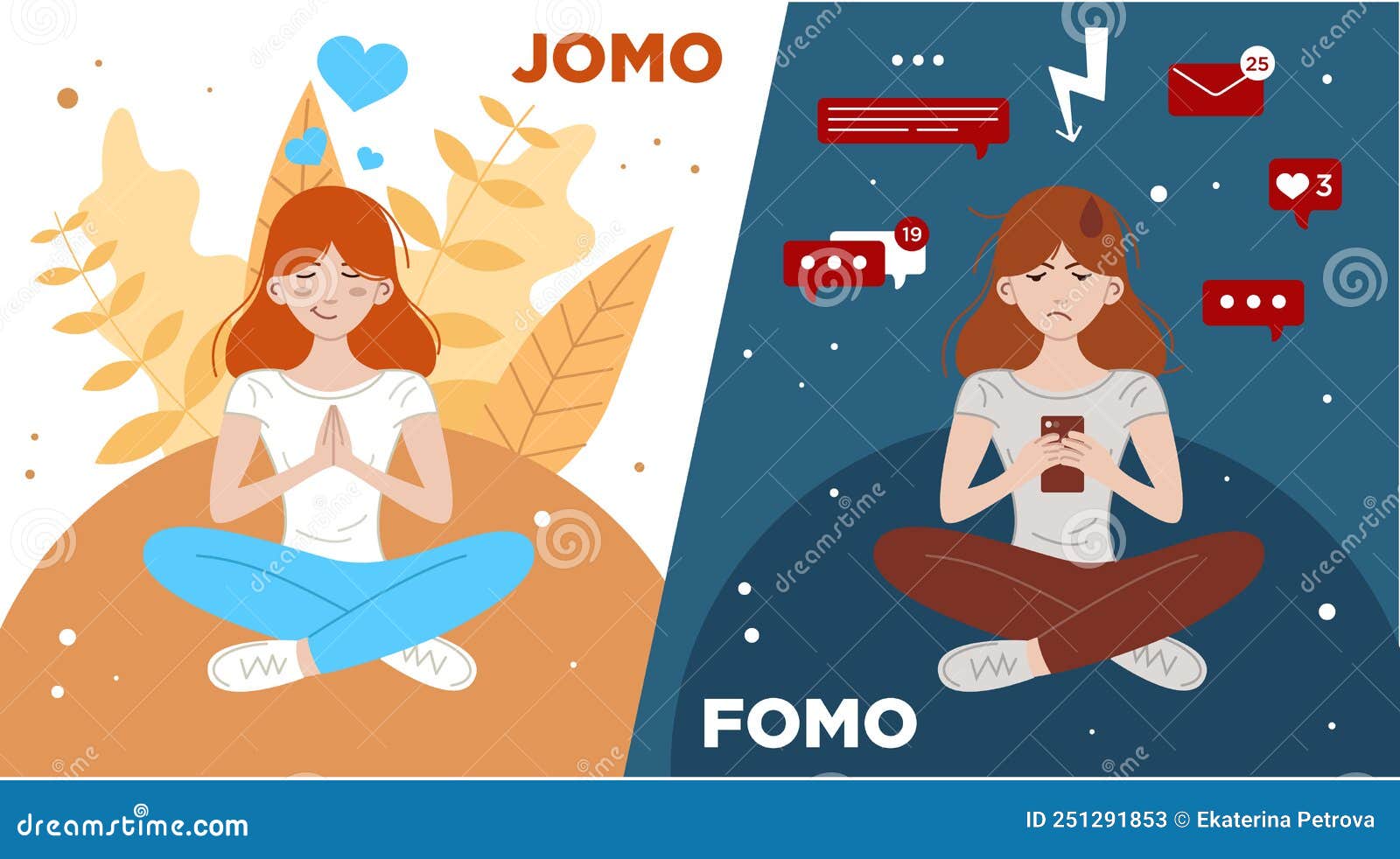 FOMO Vs JOMO Concept in Flat Design Two Different Lifestyle. Fear of ...