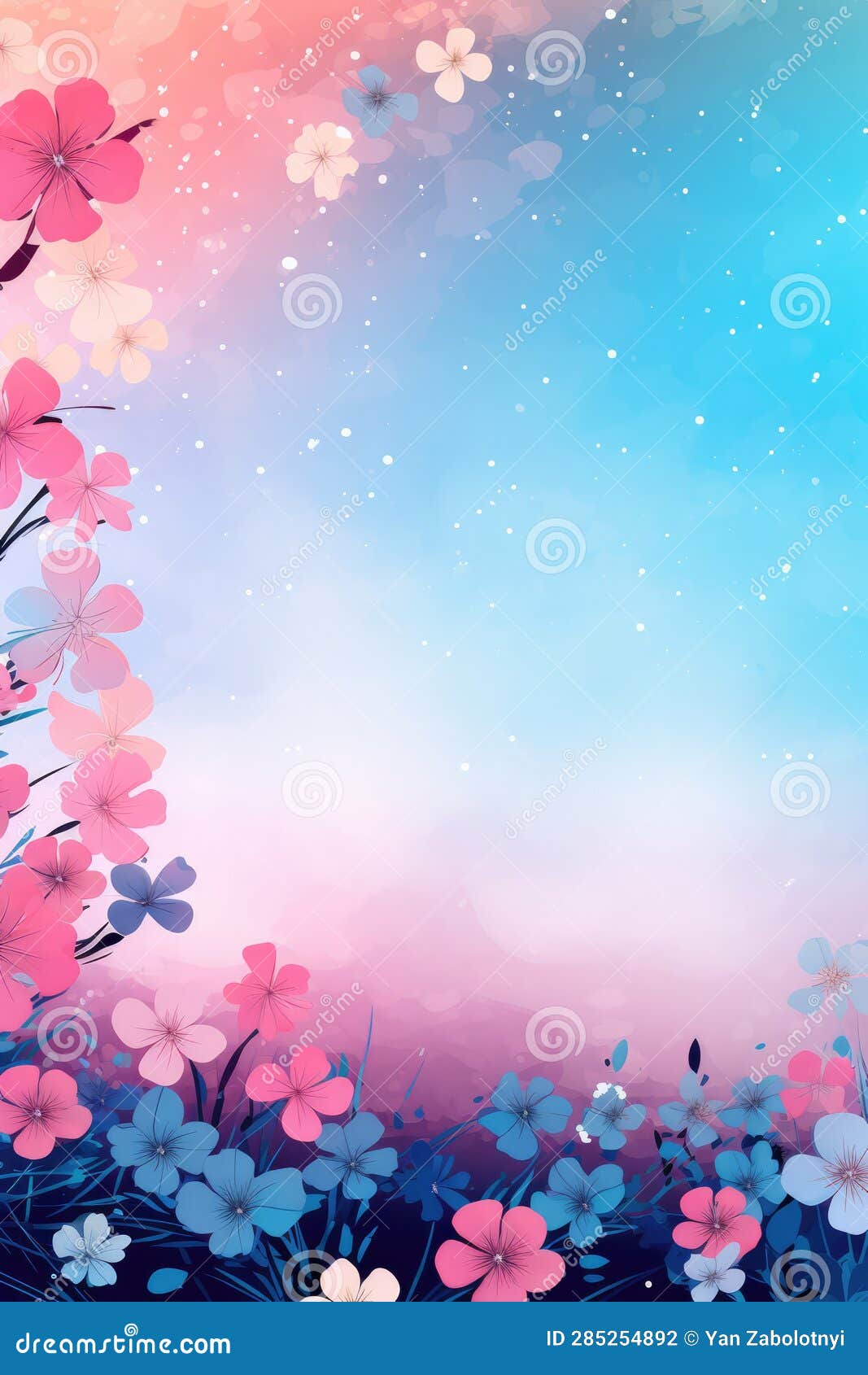 Fondo Azul Y Rosa Con Flores Y Estrellas Stock de ilustración ...
