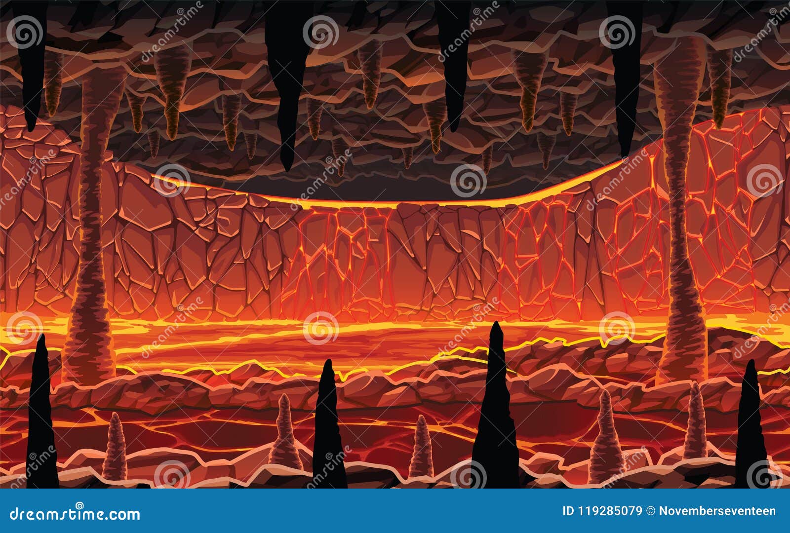 Fondo Di Paesaggio - Caverna Calda Infernale Con Lava Illustrazione Vettoriale - Illustrazione ...