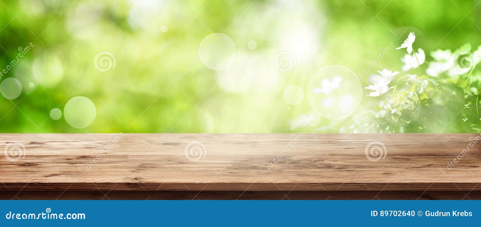 Fondo Verde Radiante De La Primavera Con La Tabla De Madera Foto de ...