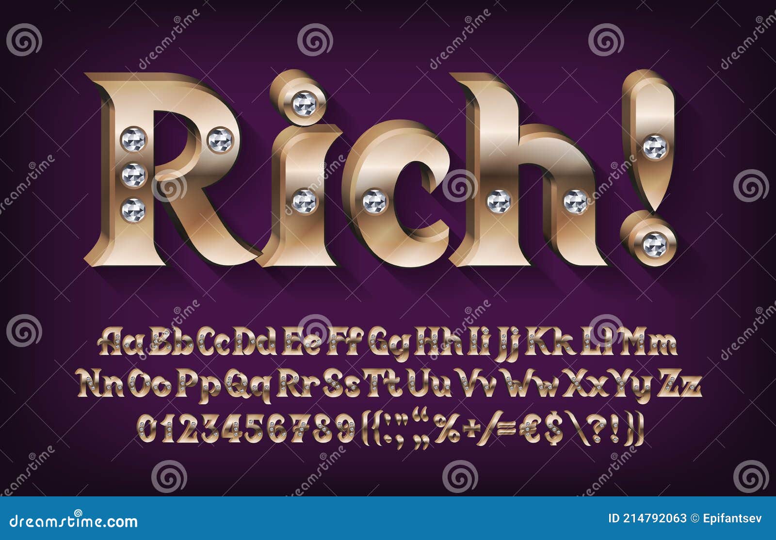 3D Rich Alphabet Font. Golden Metal Letters, Numbers and Symbols with ...