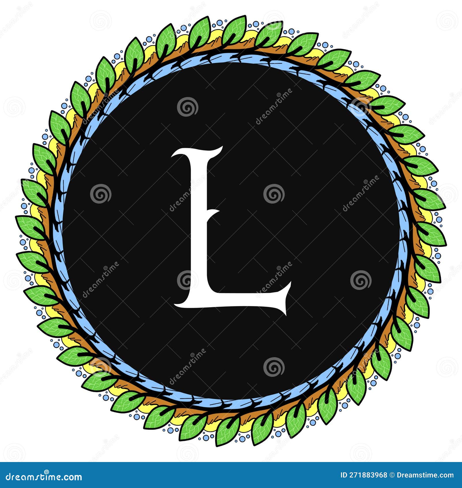 L Letter in Green Color and Natural Leaf Style Circle Frame on White ...