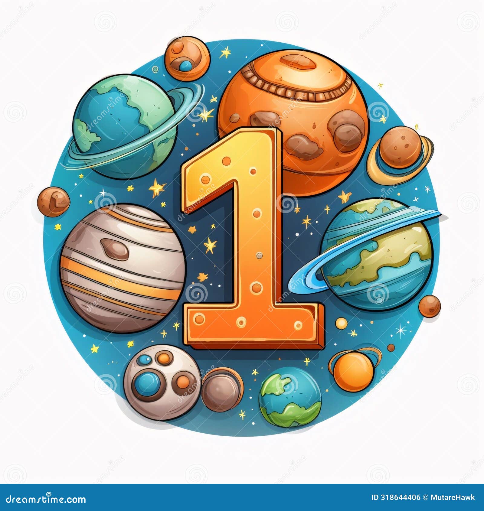 Font Design for Number One with Planets in the Space Illustration ...