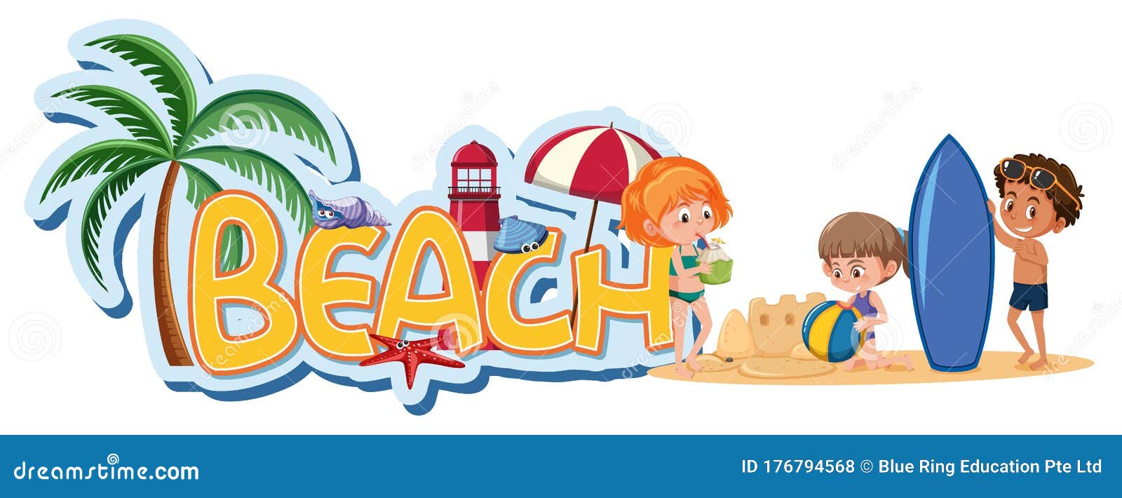 Font Design Template for Word Beach with Kids on the Beach Stock Vector ...