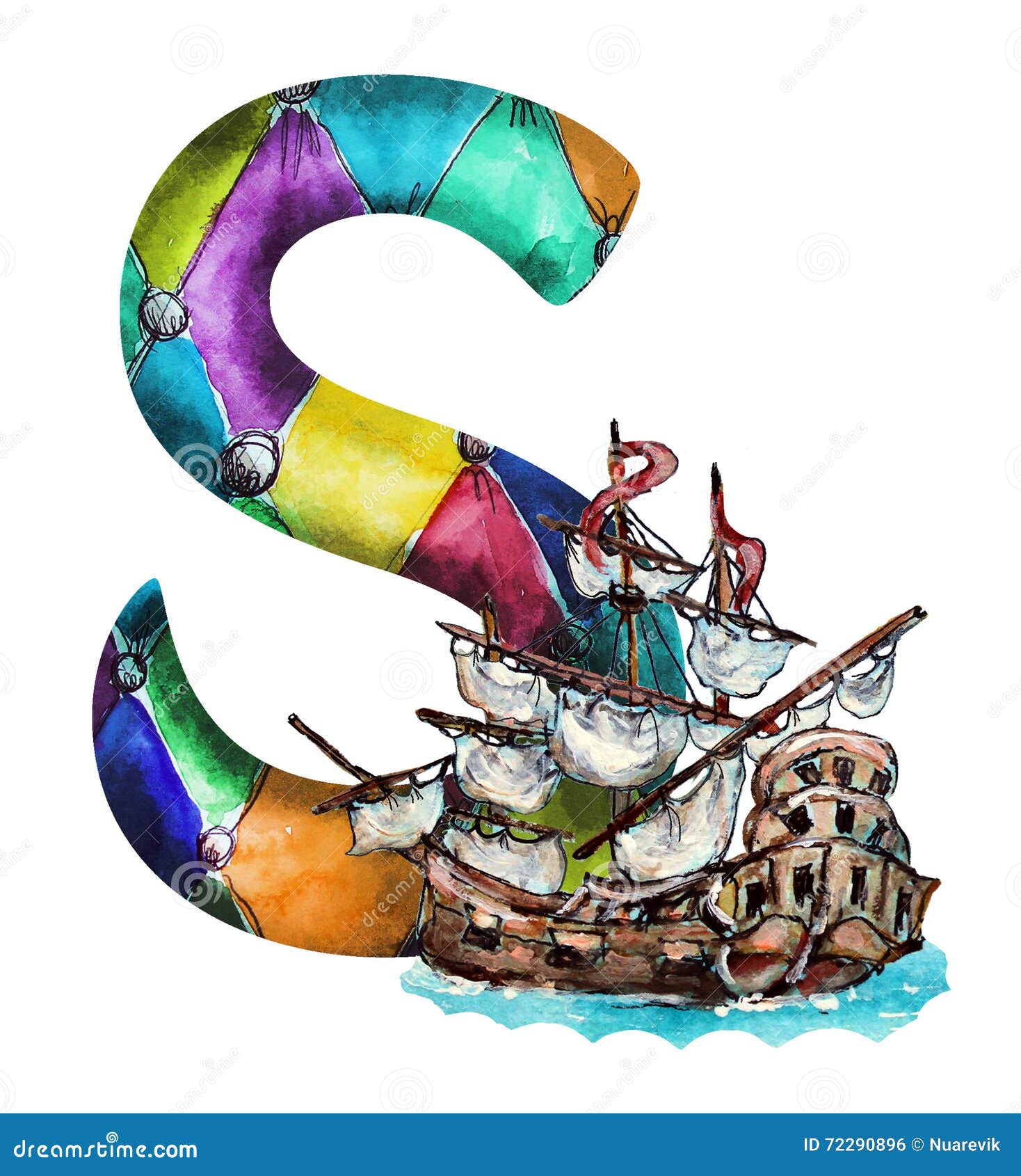 Font S Watercolor Hand Drawn Ship Stock Illustration - Illustration of ...