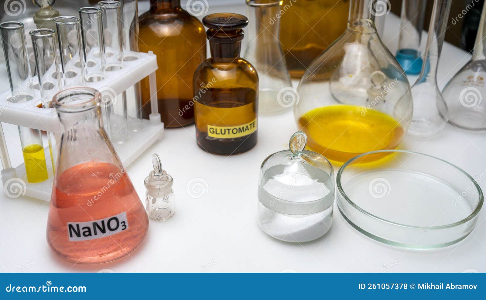 Food Additives in Test Tubes and Flasks on the Laboratory Table. Food ...