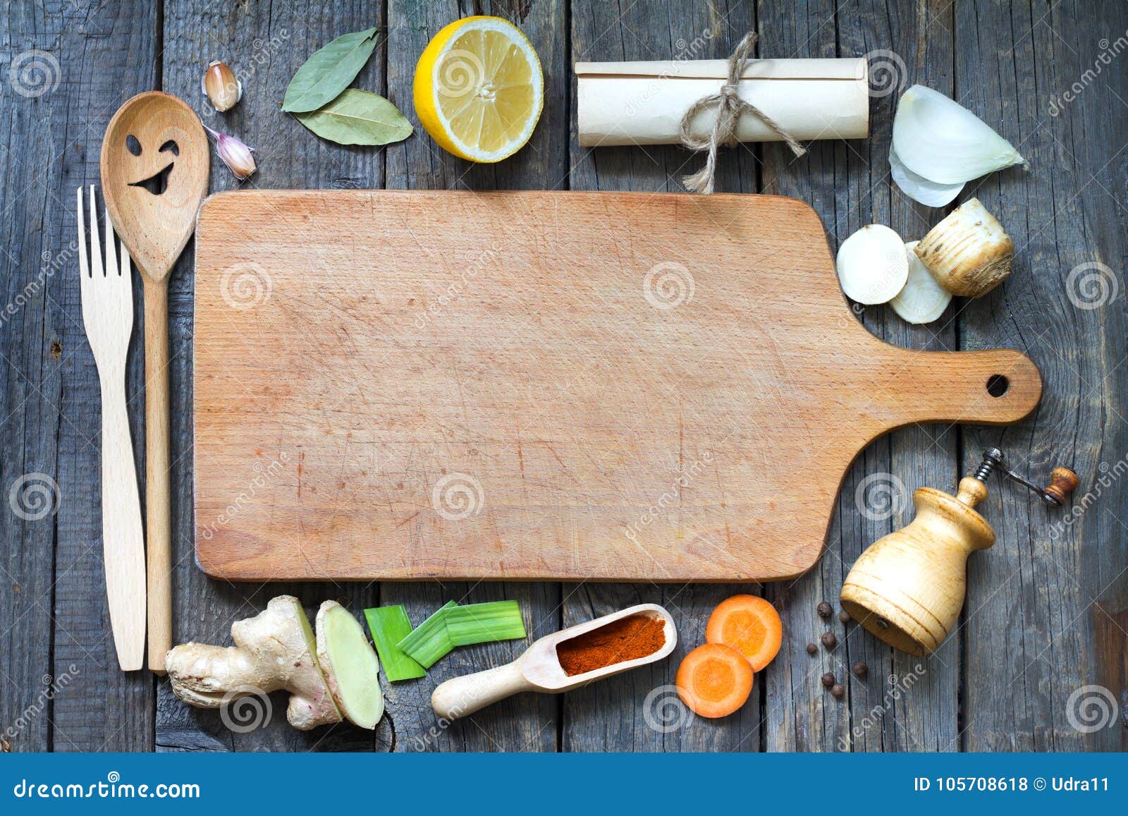 Food Background Concept with Recipe and Retro Empty Cutting Board Stock ...