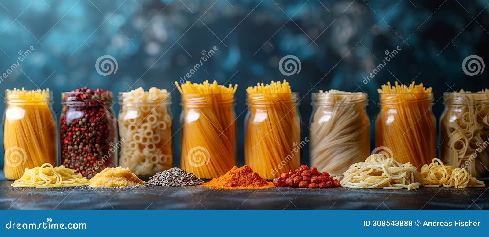 Food Background with Spaghetti Recipe Ingredient on Blue Texture ...
