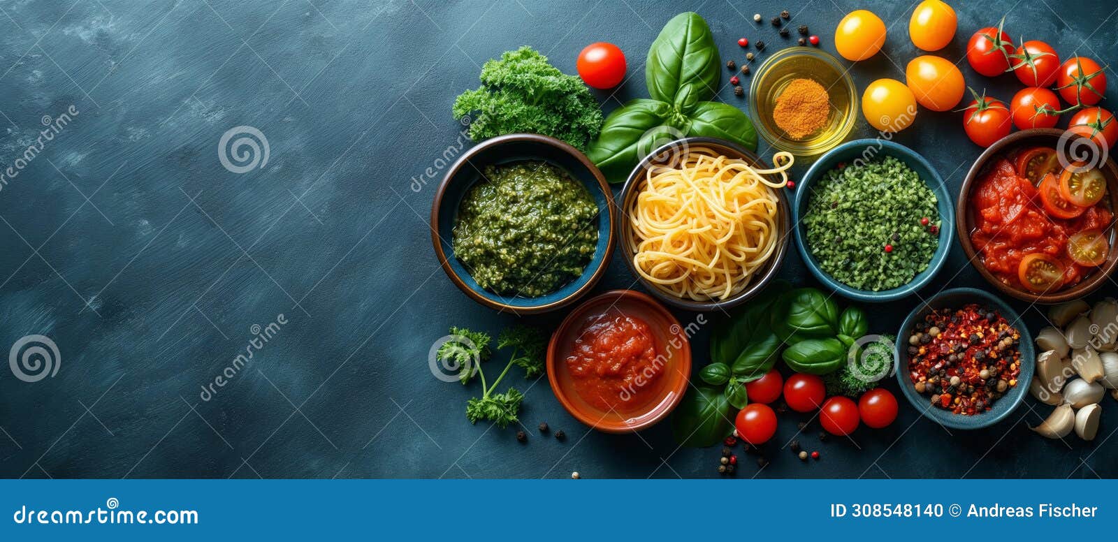 Food Background with Spaghetti Recipe Ingredient on Blue Texture ...