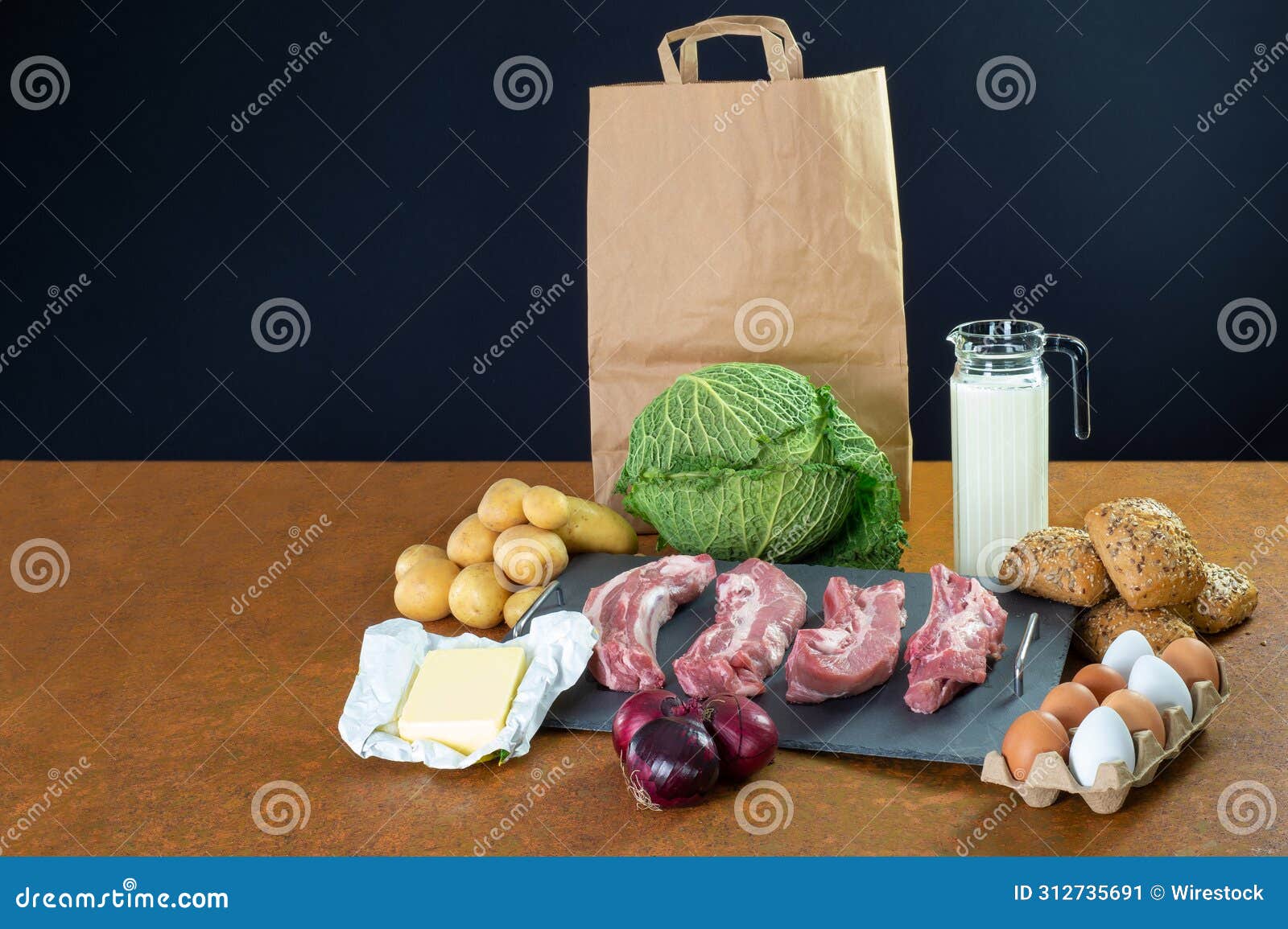 Basic Needs Food in Front of Pretty Rusty Stainless Steel. Paper Bag ...