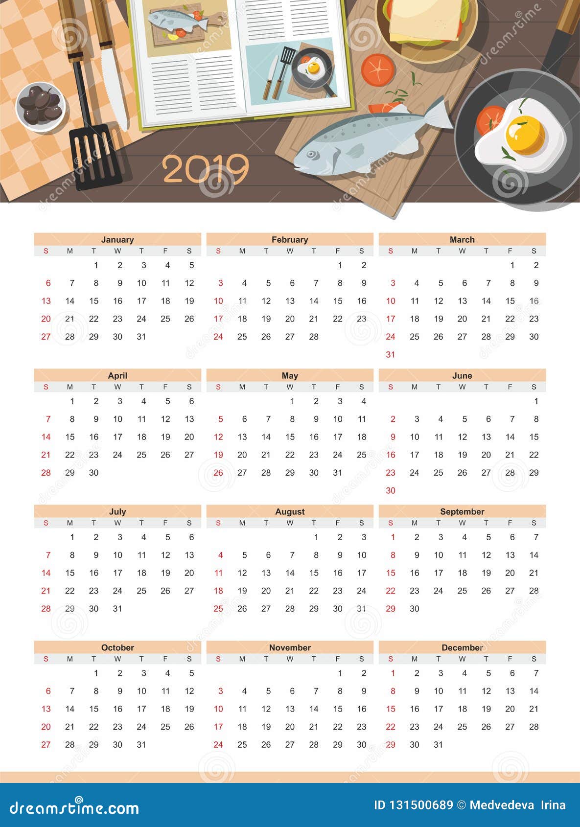Food Calendar 2019. Top View Stock Vector - Illustration of board, fish ...