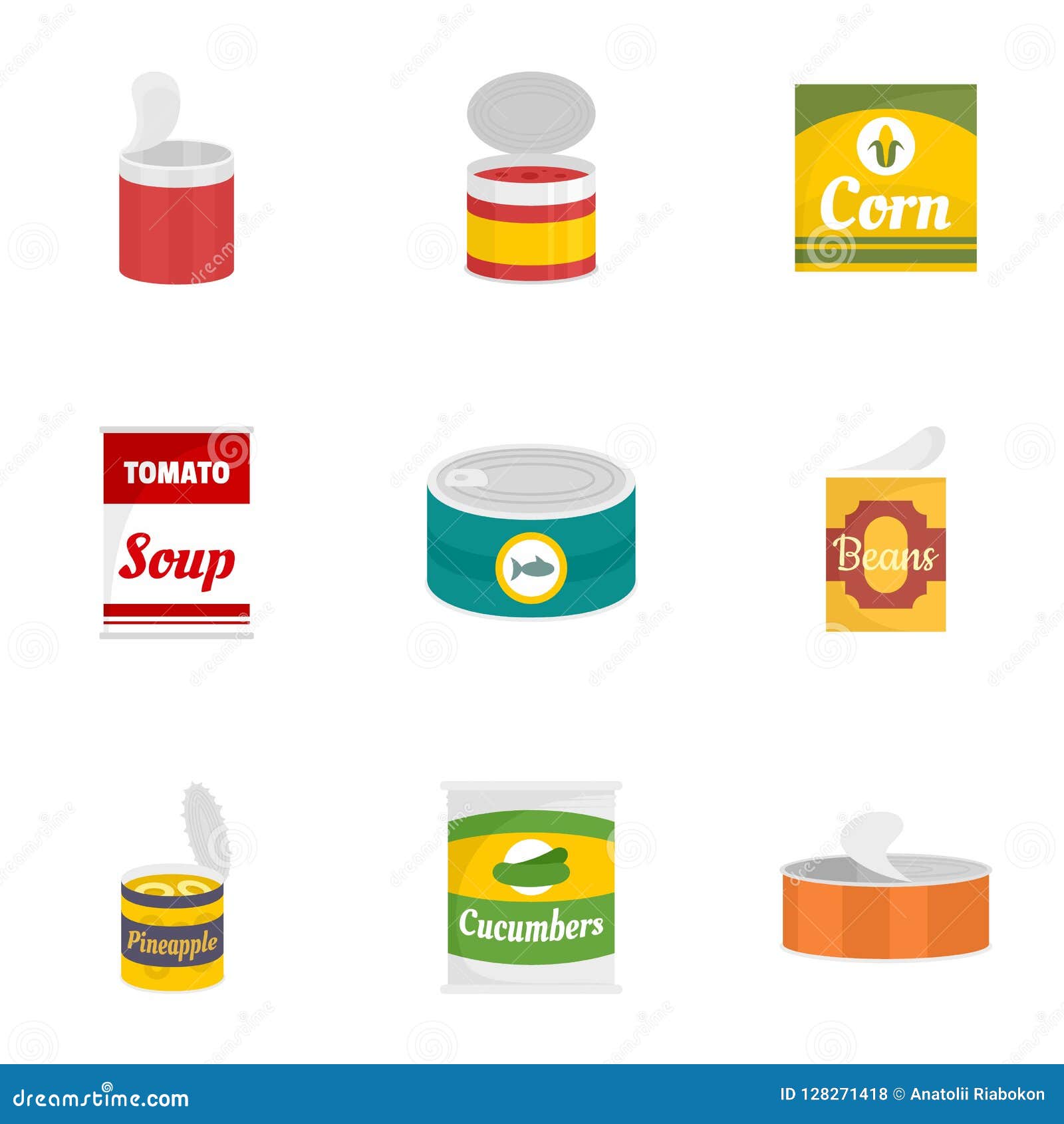 Food Can Icon Set, Flat Style Stock Vector - Illustration of full, bean ...