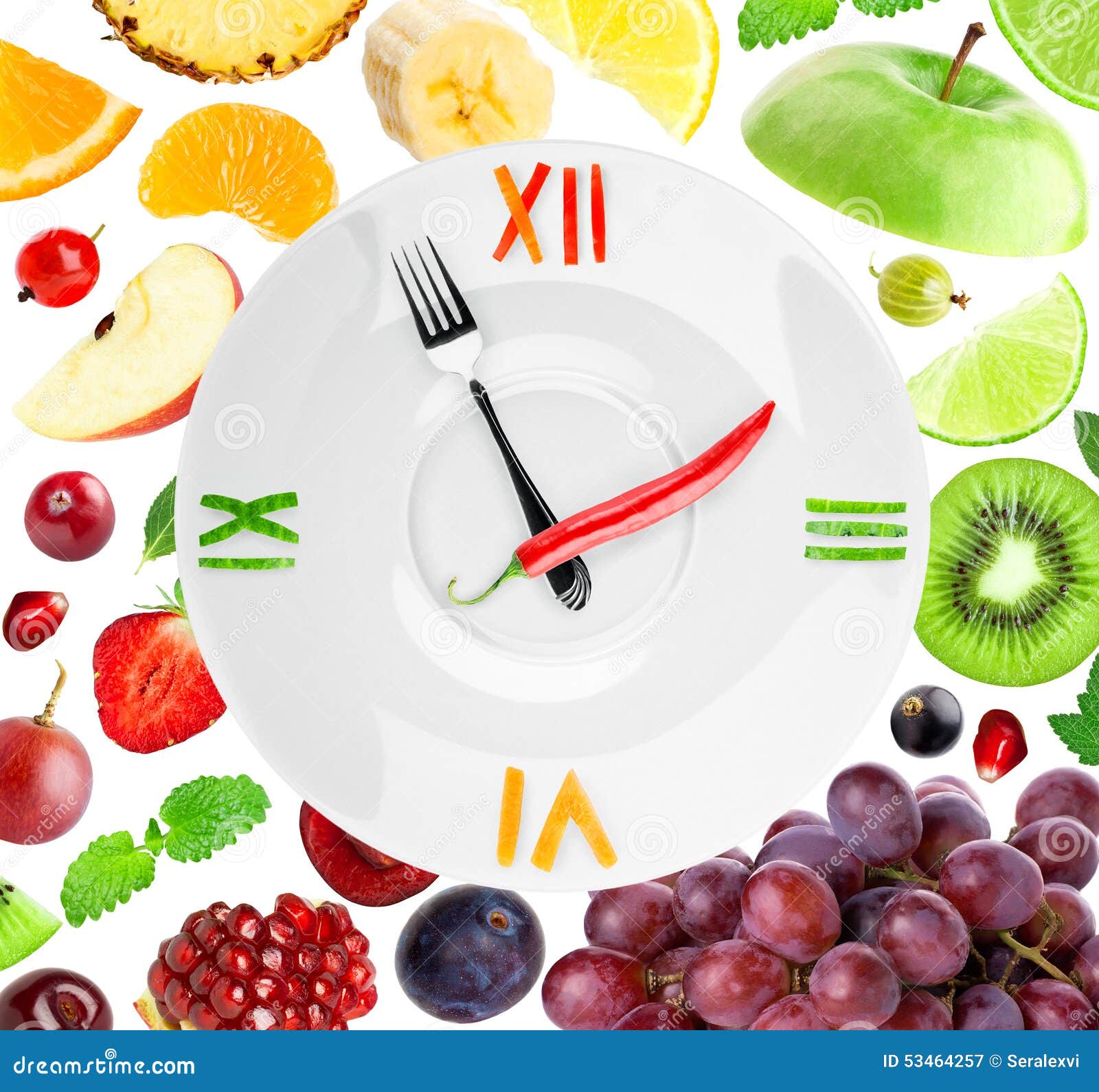 Food clock with fruit stock image. Image of plate, green - 53464257