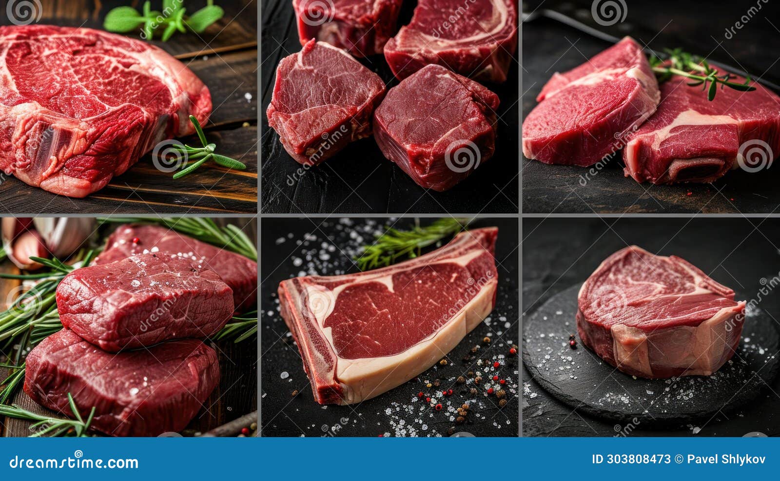 Food Collage of Various Beef Steak Raw Fresh Meat. Stock Image - Image ...