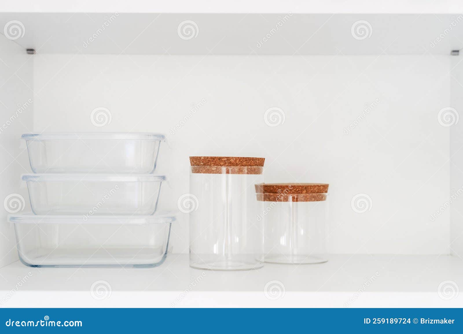 Food Containers and Glass Jars on White Shelf at Kitchen Stock Photo ...