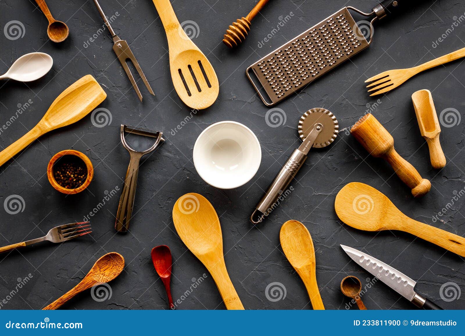 Food Cooking Background with Kitchen Utensils and Cookware Stock Photo ...