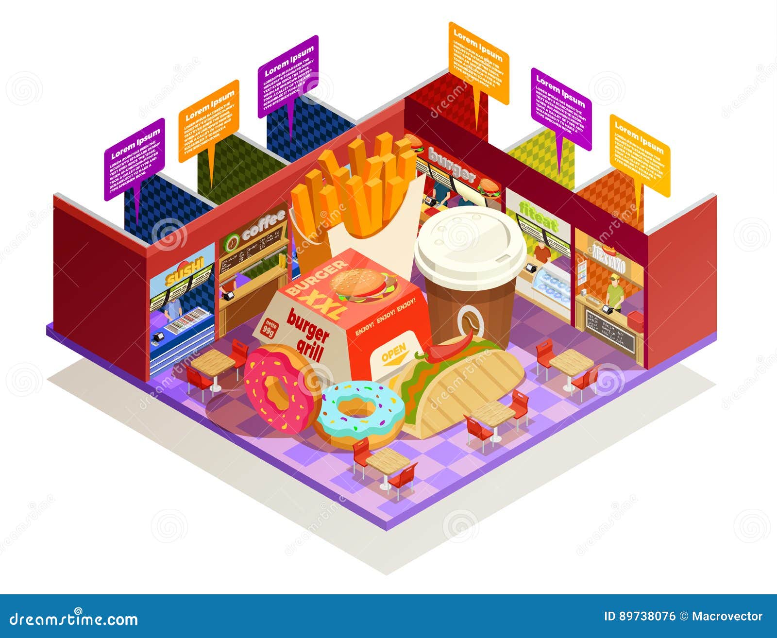 Food Court Interior Elements Isometric Composition Stock Vector ...