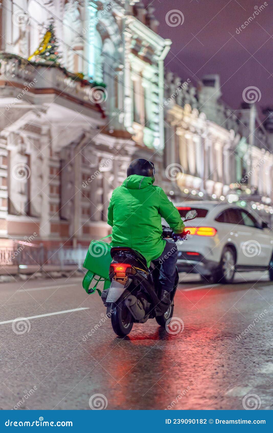 Food Delivery Boy on Scooter at Night with Isothermal Food Case Stock ...