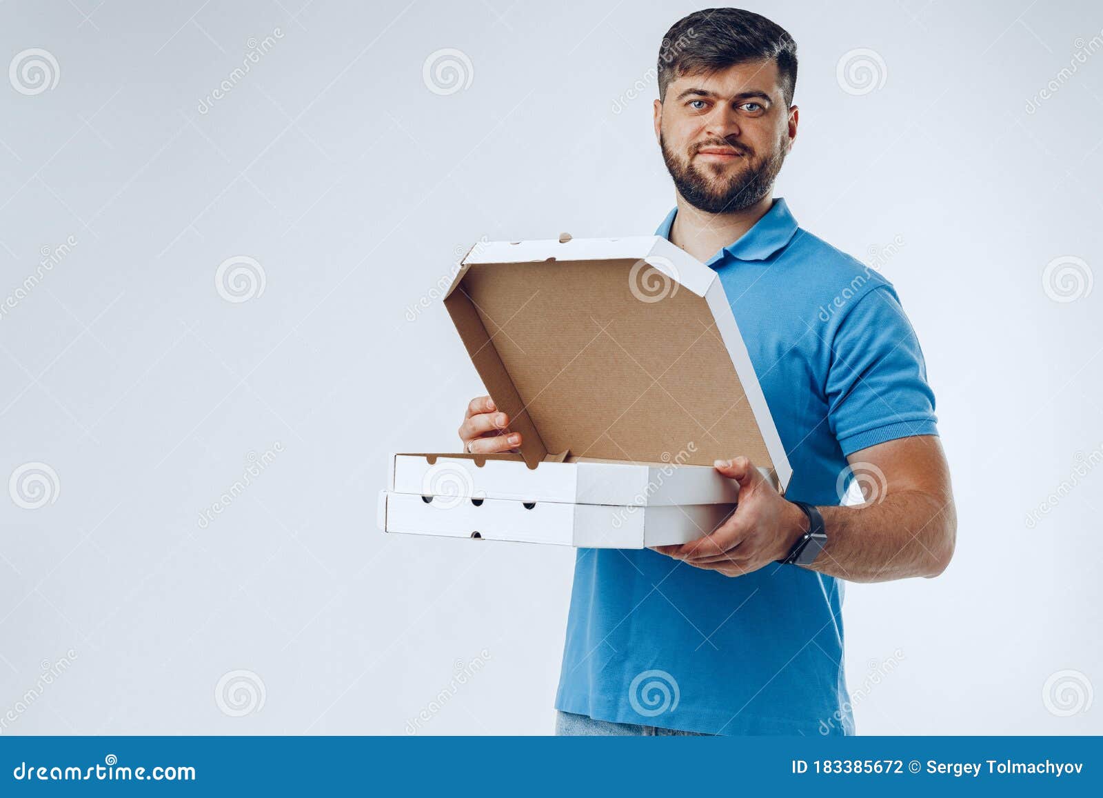 Food Delivery Courier with Order on Grey Background Stock Photo - Image ...