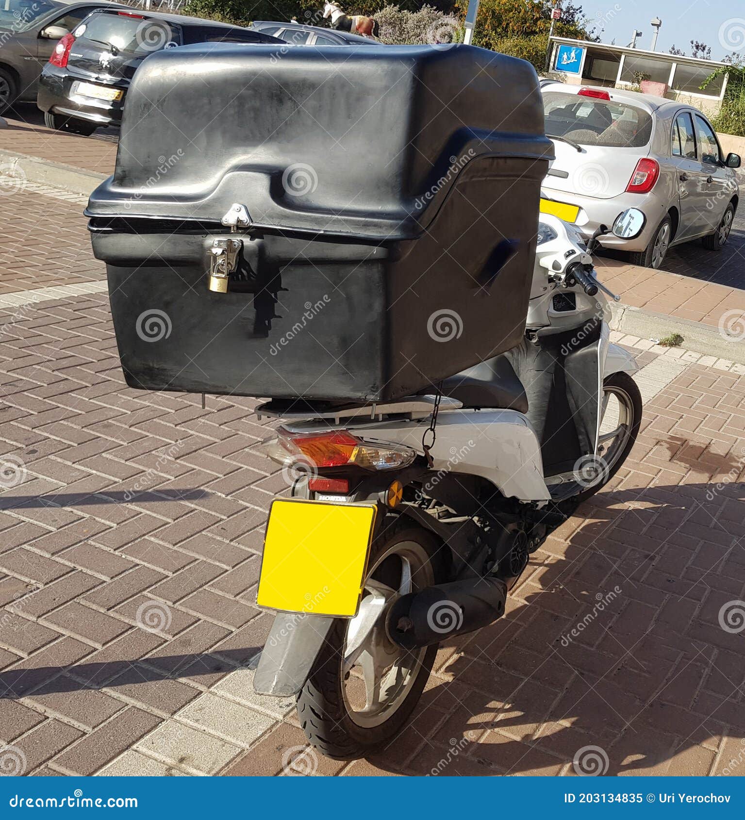 Food Delivery Moped with Attached Large Box Stock Image - Image of ...