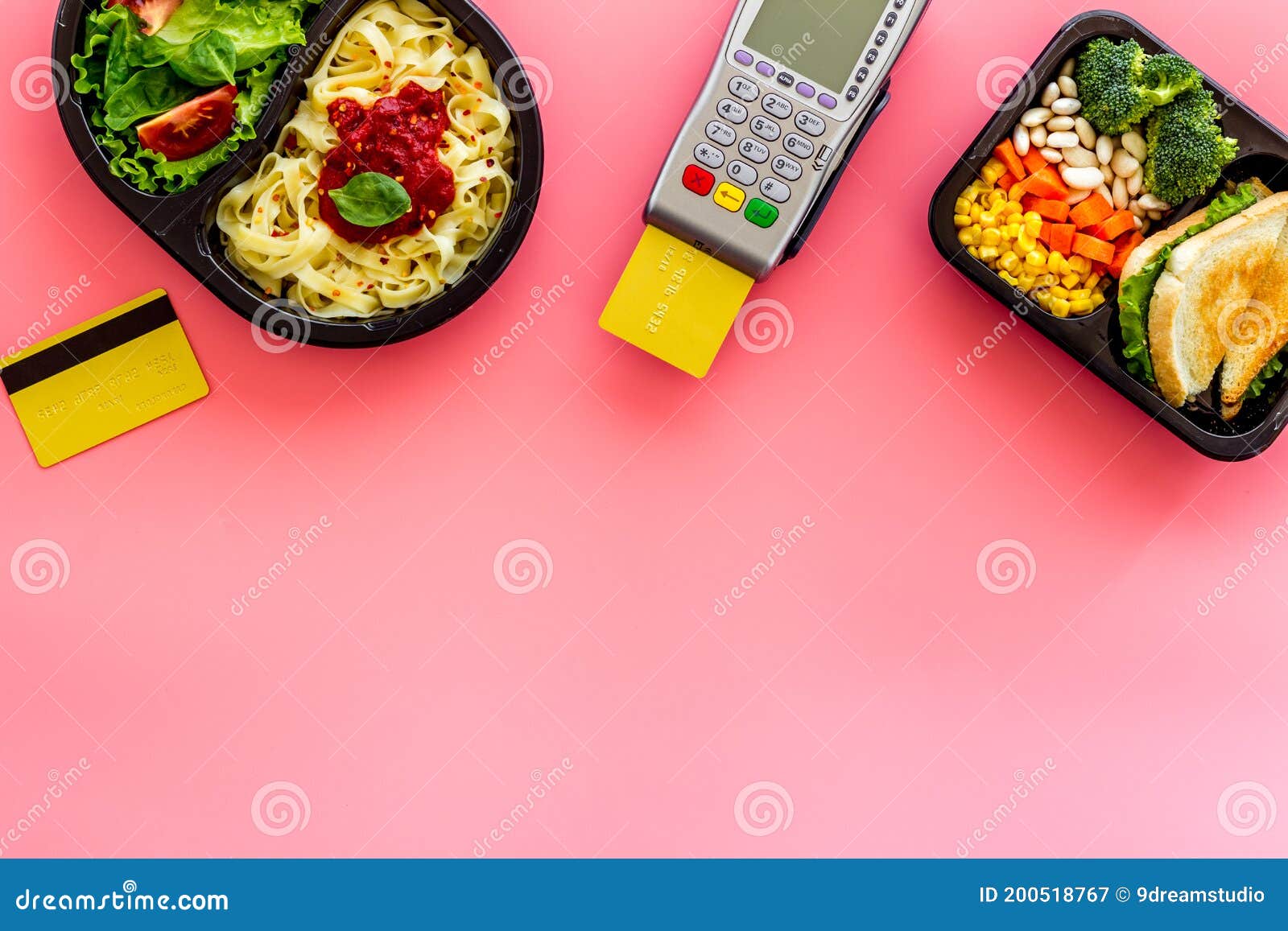 Food Delivery Payment with Terminal and Lunch Boxes with Meal Stock ...
