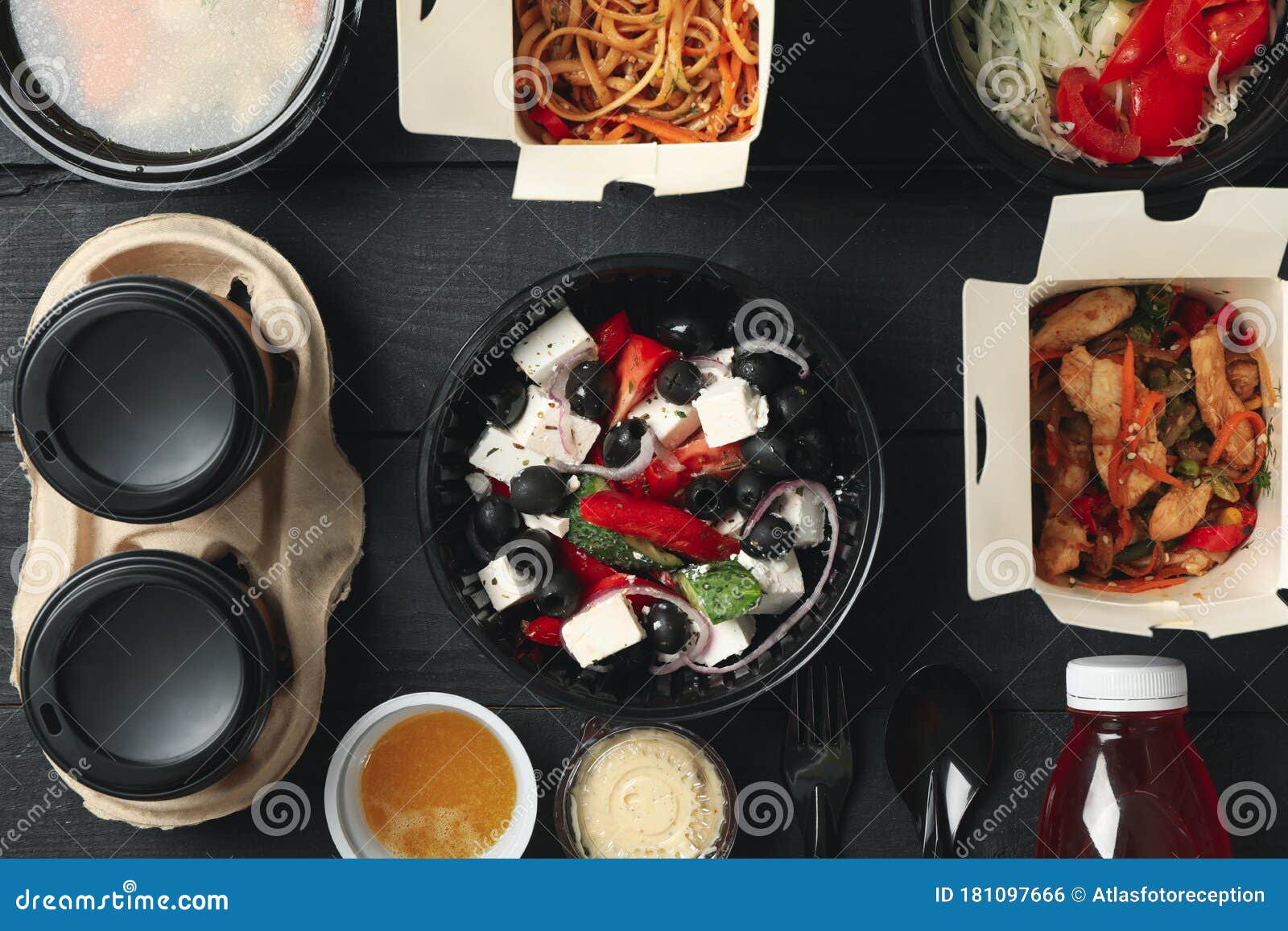 Food Delivery Food in Takeaway Boxes on Wooden Table Stock Photo ...
