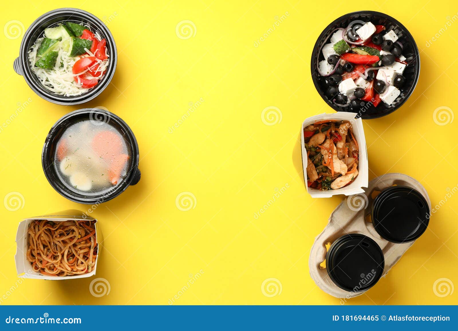 Food Delivery Food in Takeaway Boxes on Yellow Background Stock Image ...