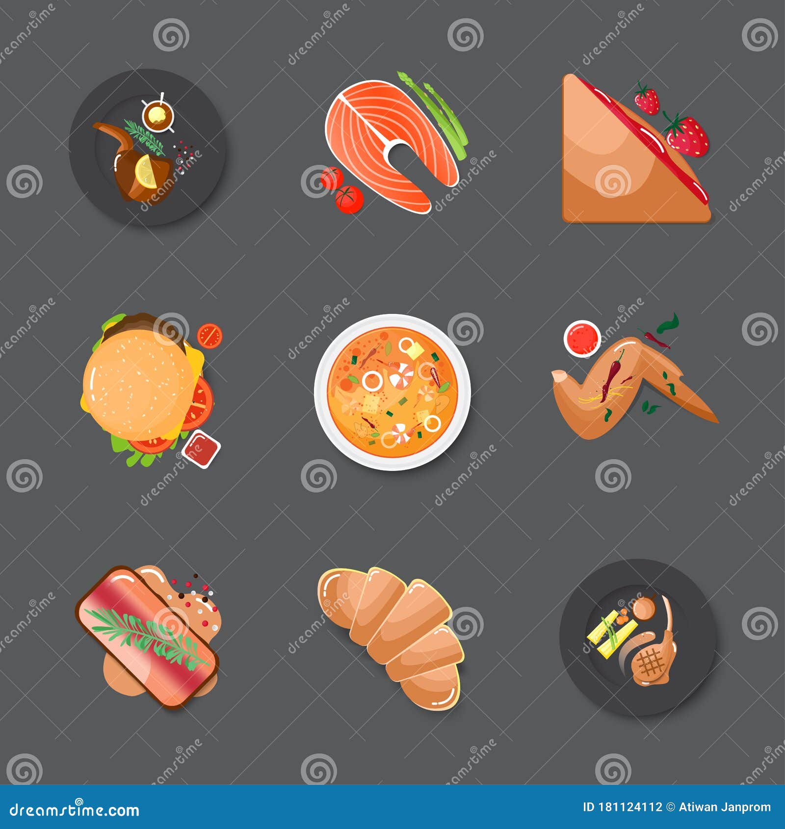 Set Various Food on Gray Background Stock Vector - Illustration of fast ...