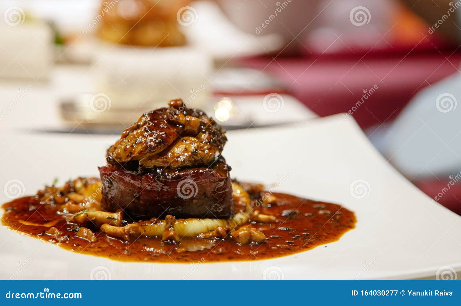 Food Designer Steak Serve on Dinner Table Stock Image - Image of juicy ...
