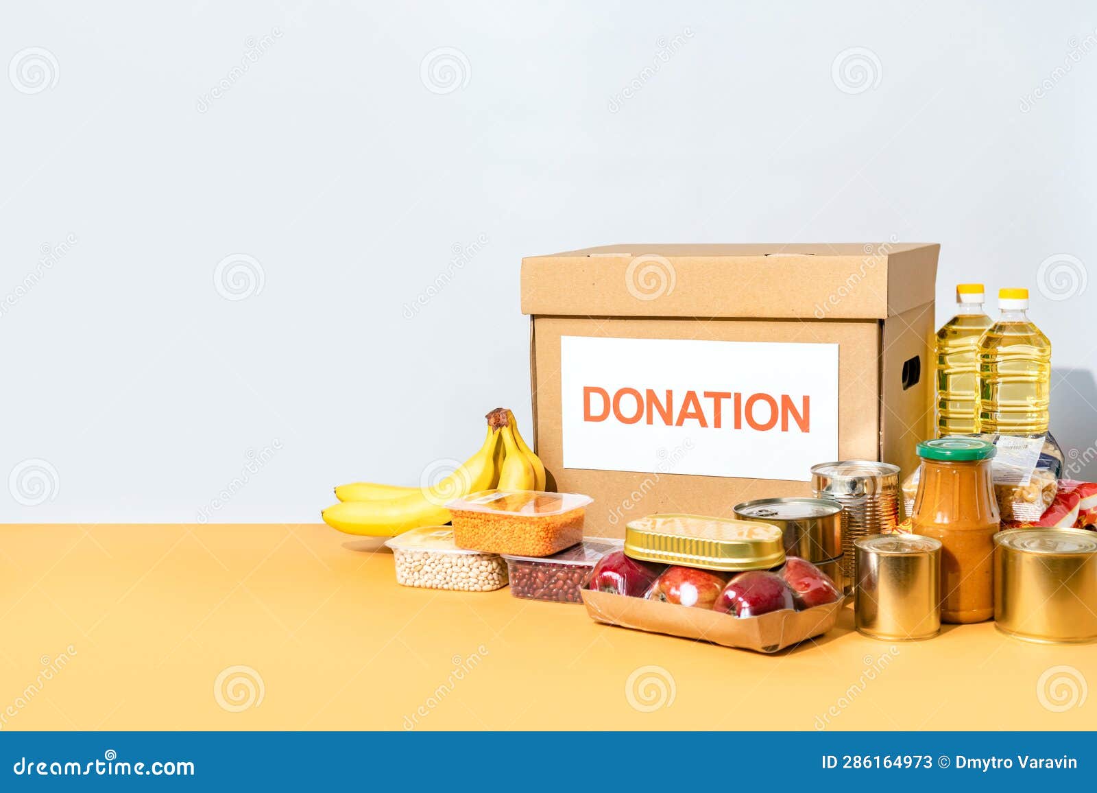 Food Donation Box with Various Products on the Table Stock Image ...