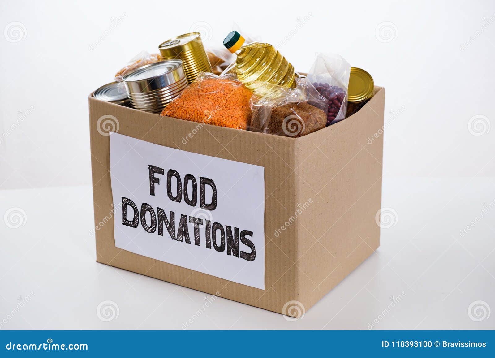 Food in Donation Cardboard Box, on White Background Stock Photo - Image ...