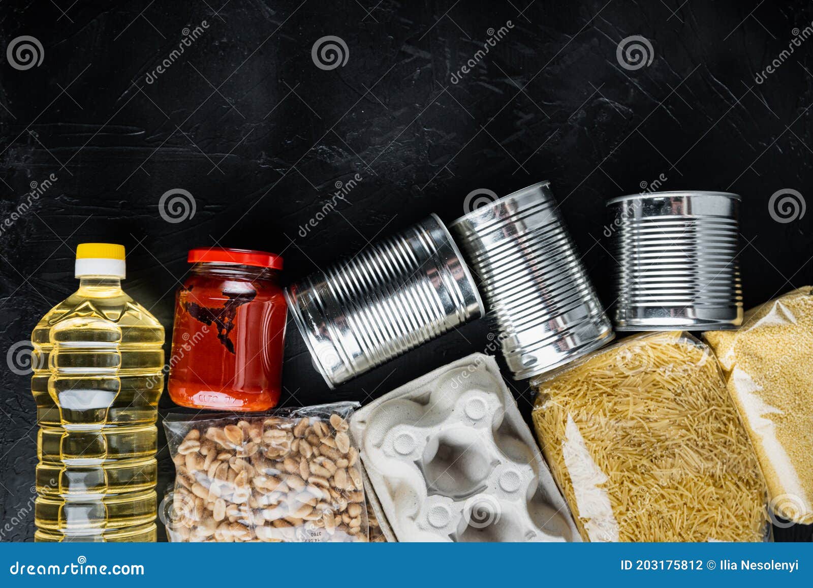 Food Donations, Top View with Copy Space,on Black Background Stock ...