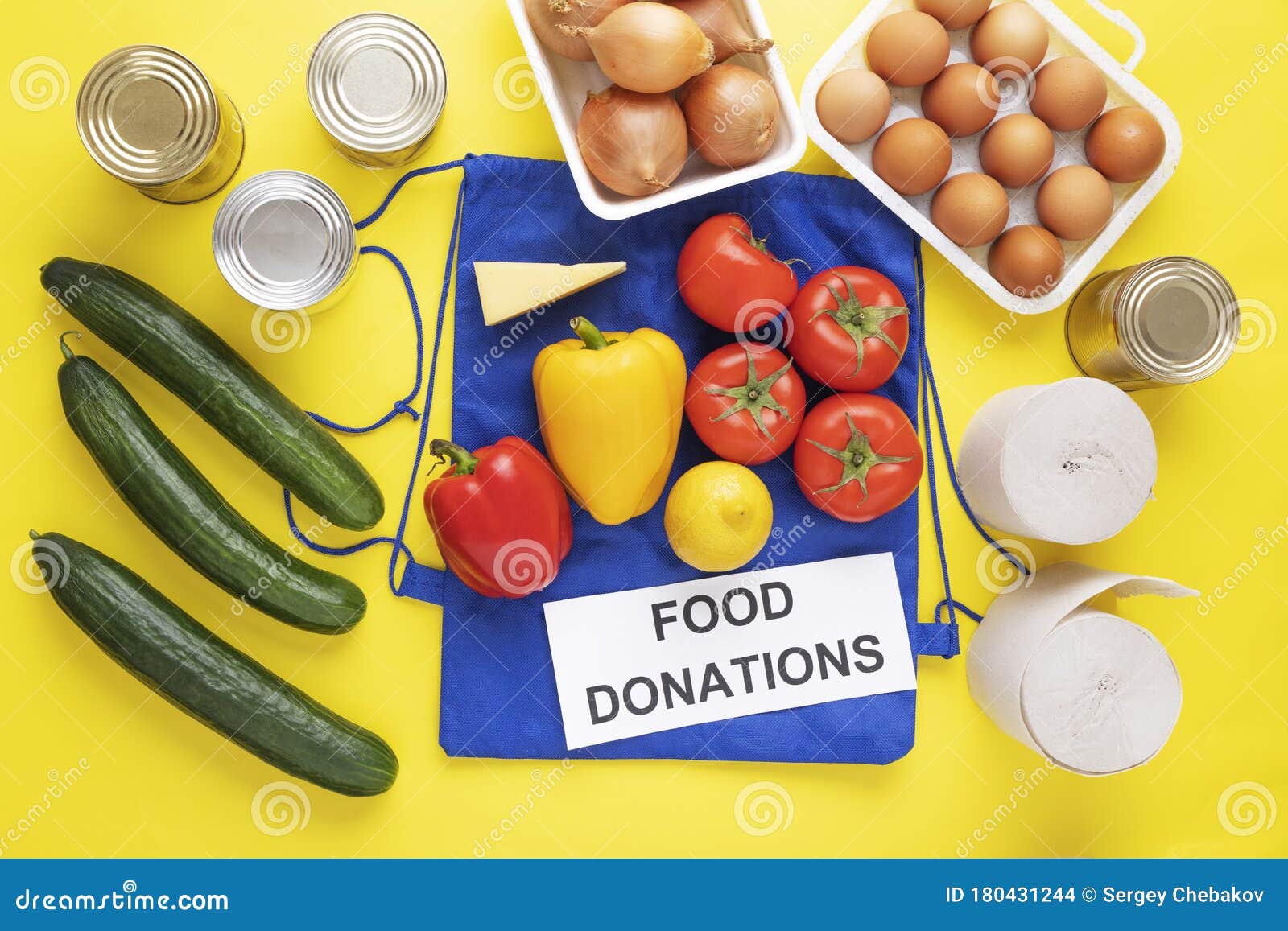 Food Donations on Yellow Background. Top View Stock Photo - Image of ...
