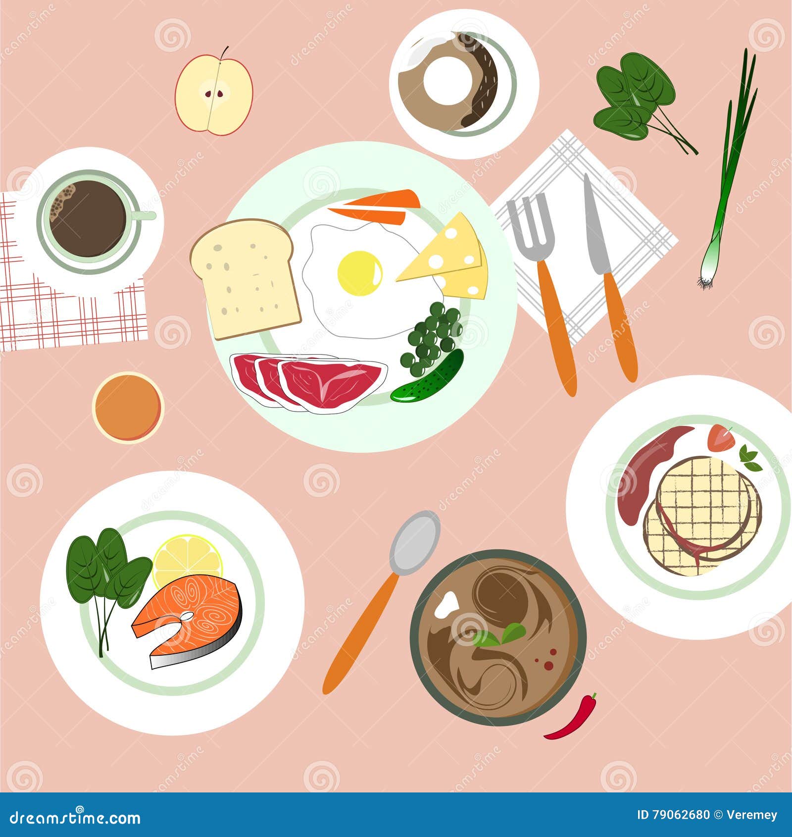 Food in Flat Illustration Style. Top View Stock Vector - Illustration ...