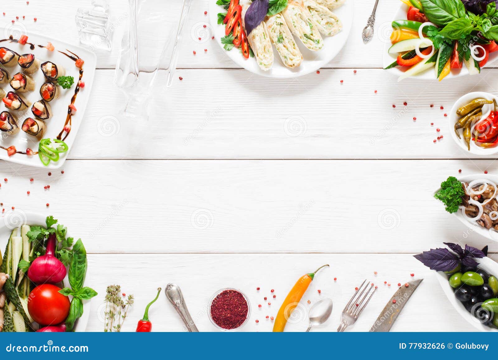 Food Frame on White Wooden Table, Free Space Stock Photo - Image of ...