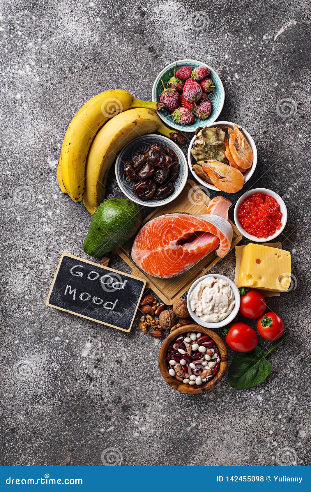 Food for Good Mood and Happiness. Stock Photo - Image of bean, hormone ...