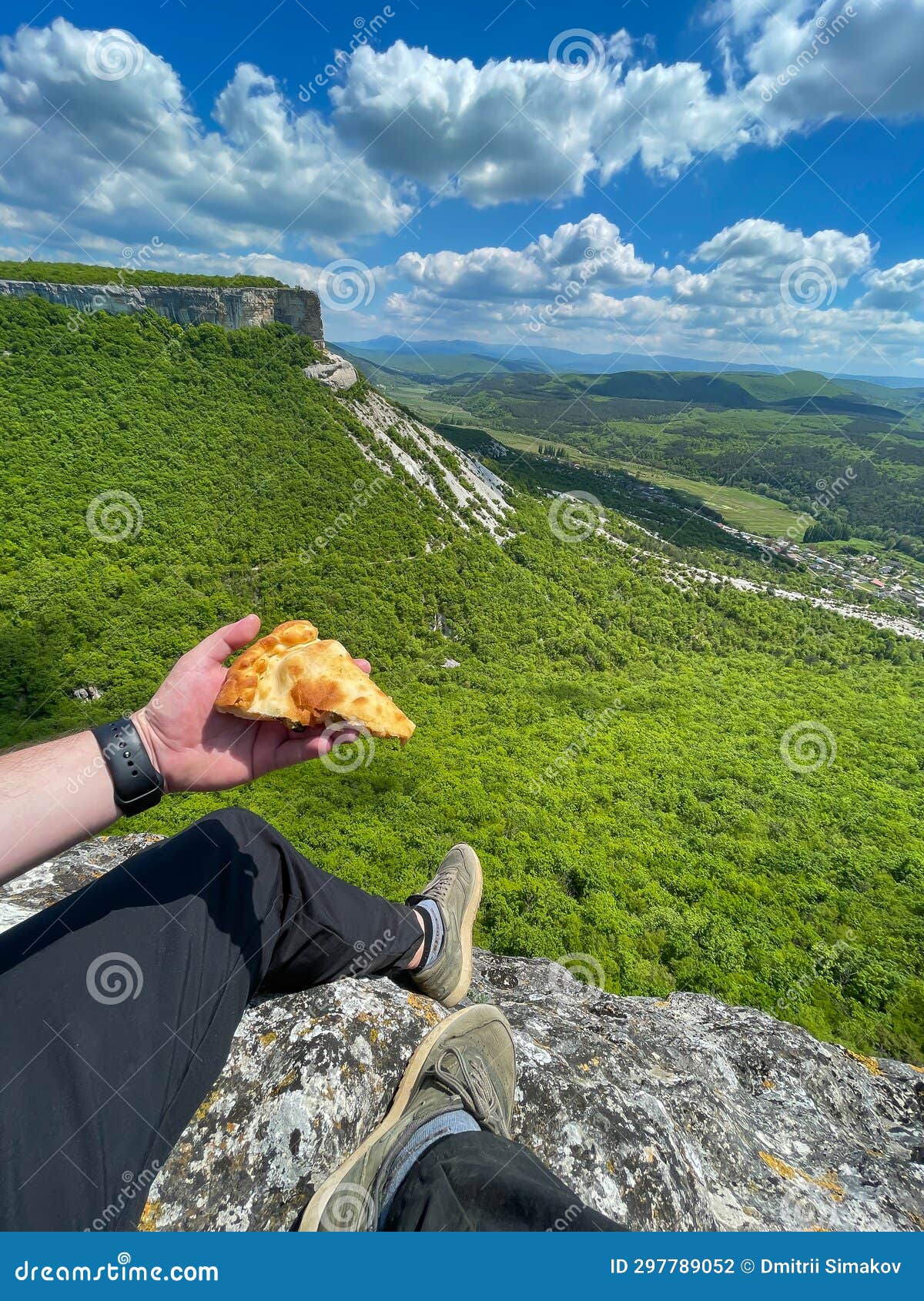 Food on a Hike a Man with Bread Sitting on a Mountain Journey Stock ...