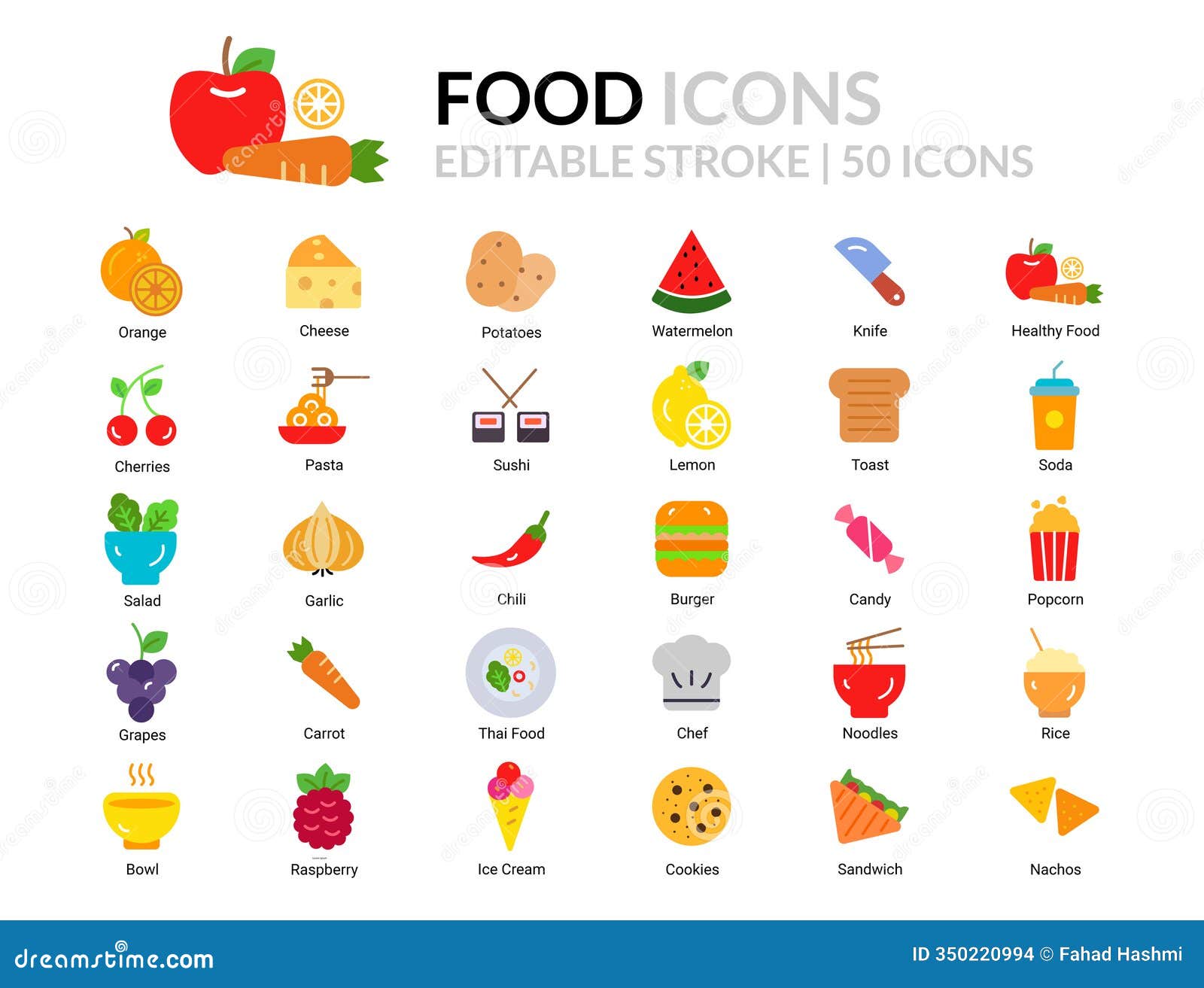 Food Icon Set: 50 Delicious Outline Vector Icons in Color Stock Vector ...