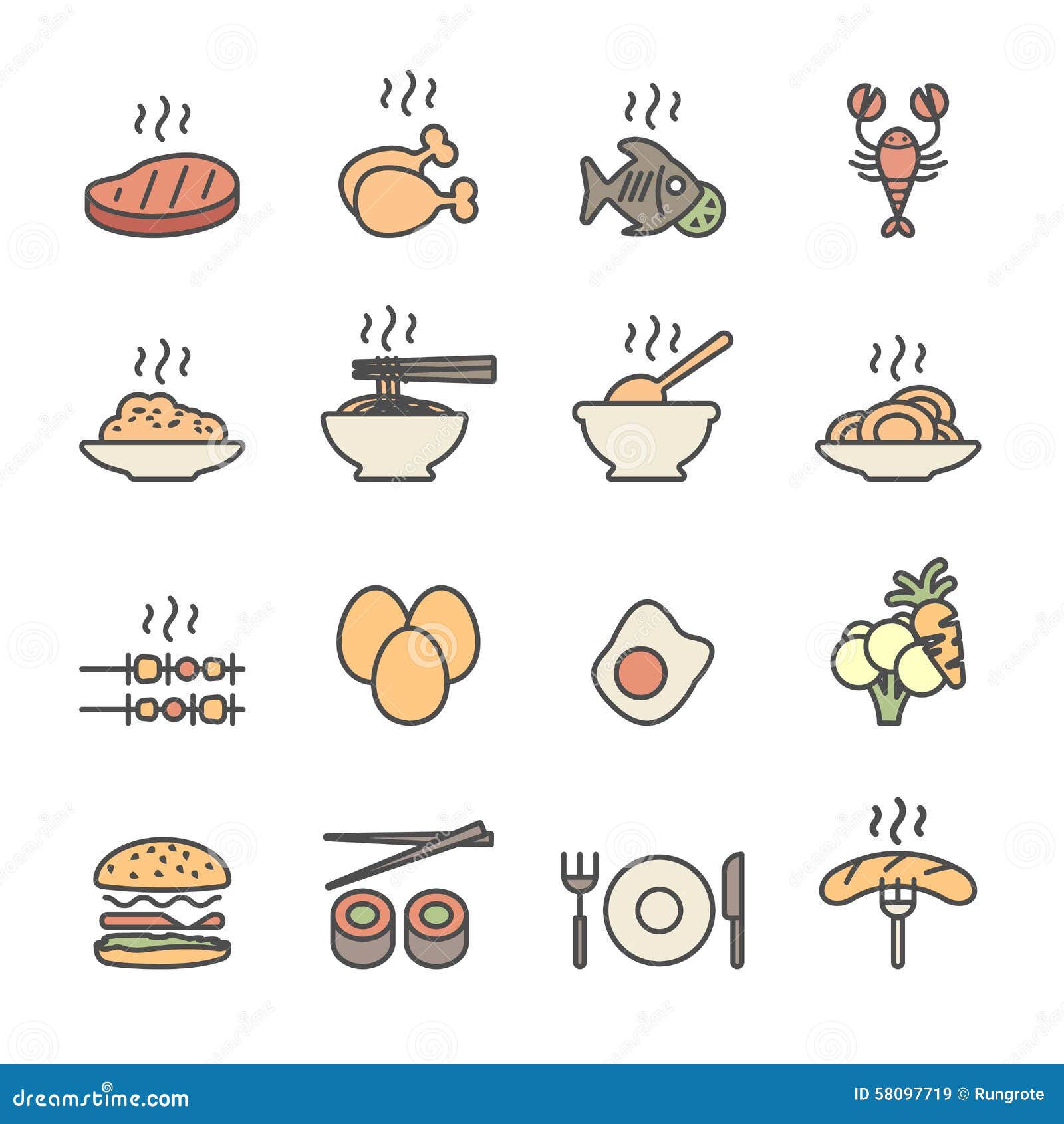 Food Icon Set, Flat Line Color Version, Vector Eps10 Stock Vector ...