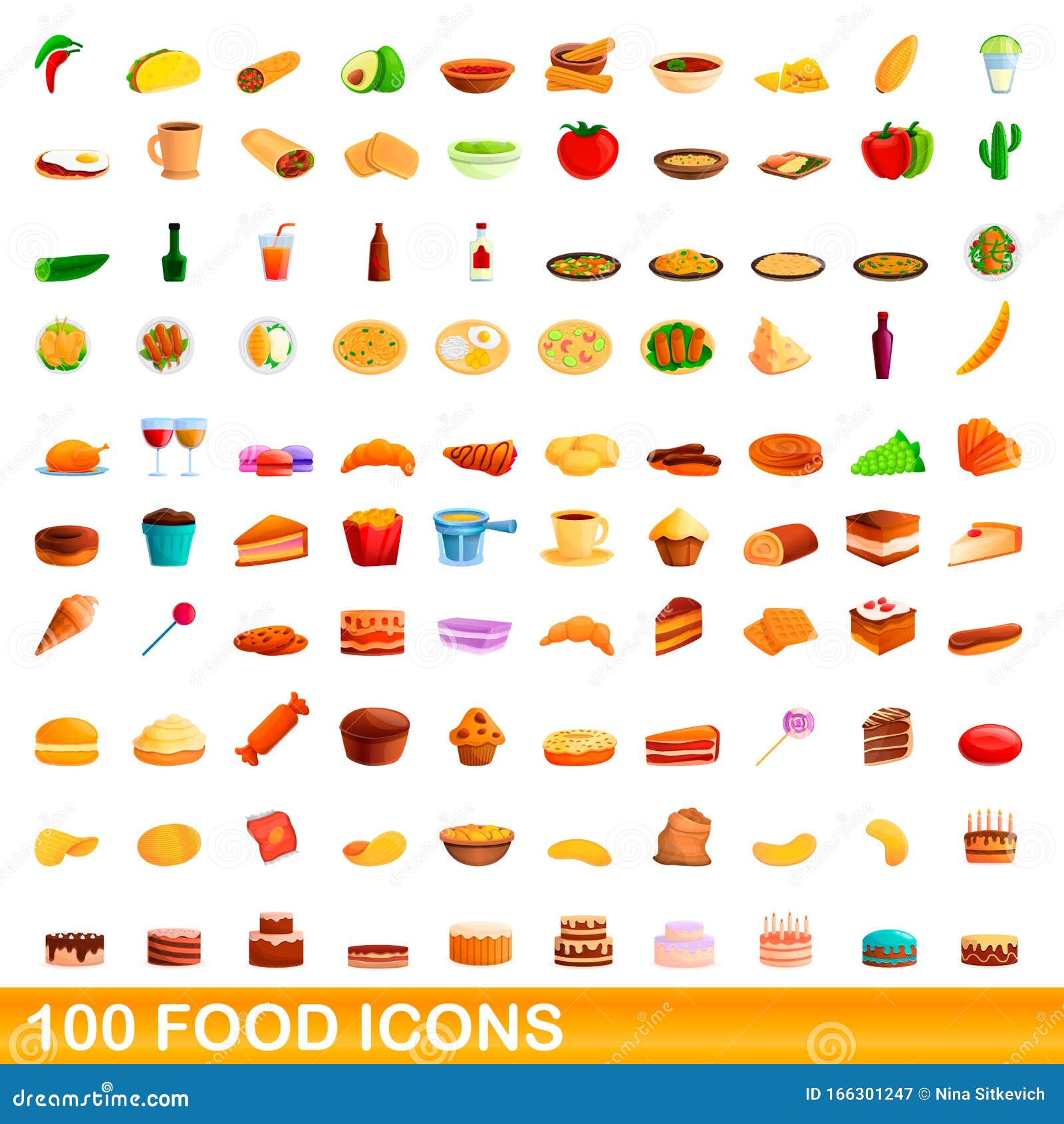 100 Food Icons Set, Cartoon Style Stock Vector - Illustration of cake ...