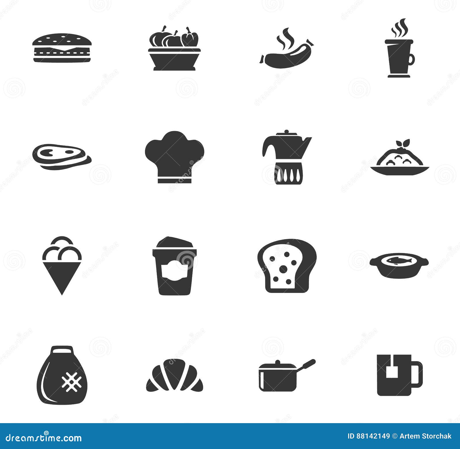 Food icons set stock vector. Illustration of meat, croissant - 88142149