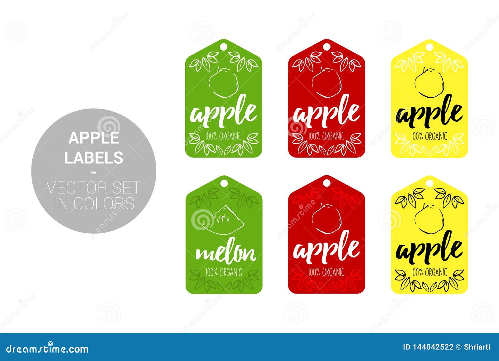 Apple Fruit Natural Store Labels Set in Green, Red, Yellow Colors ...
