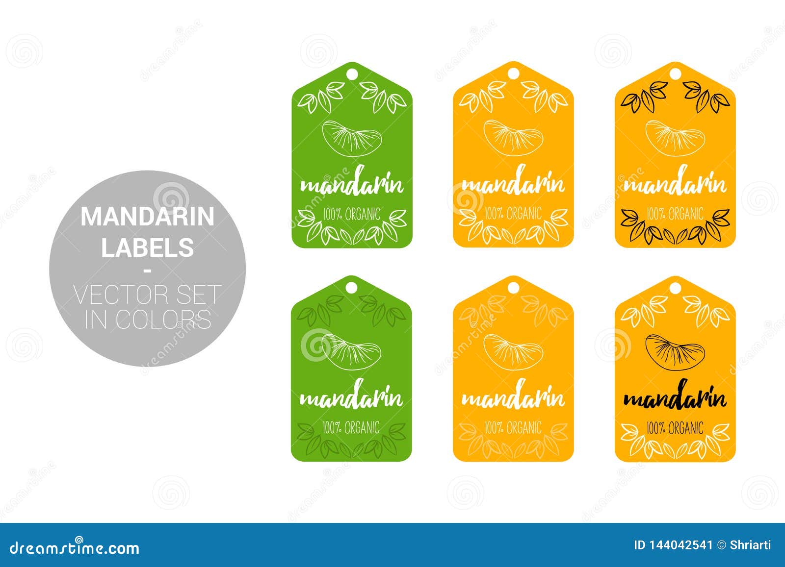 Mandarin Fruit Natural Labels Set in Green, Yellow Colors. Stock Vector ...