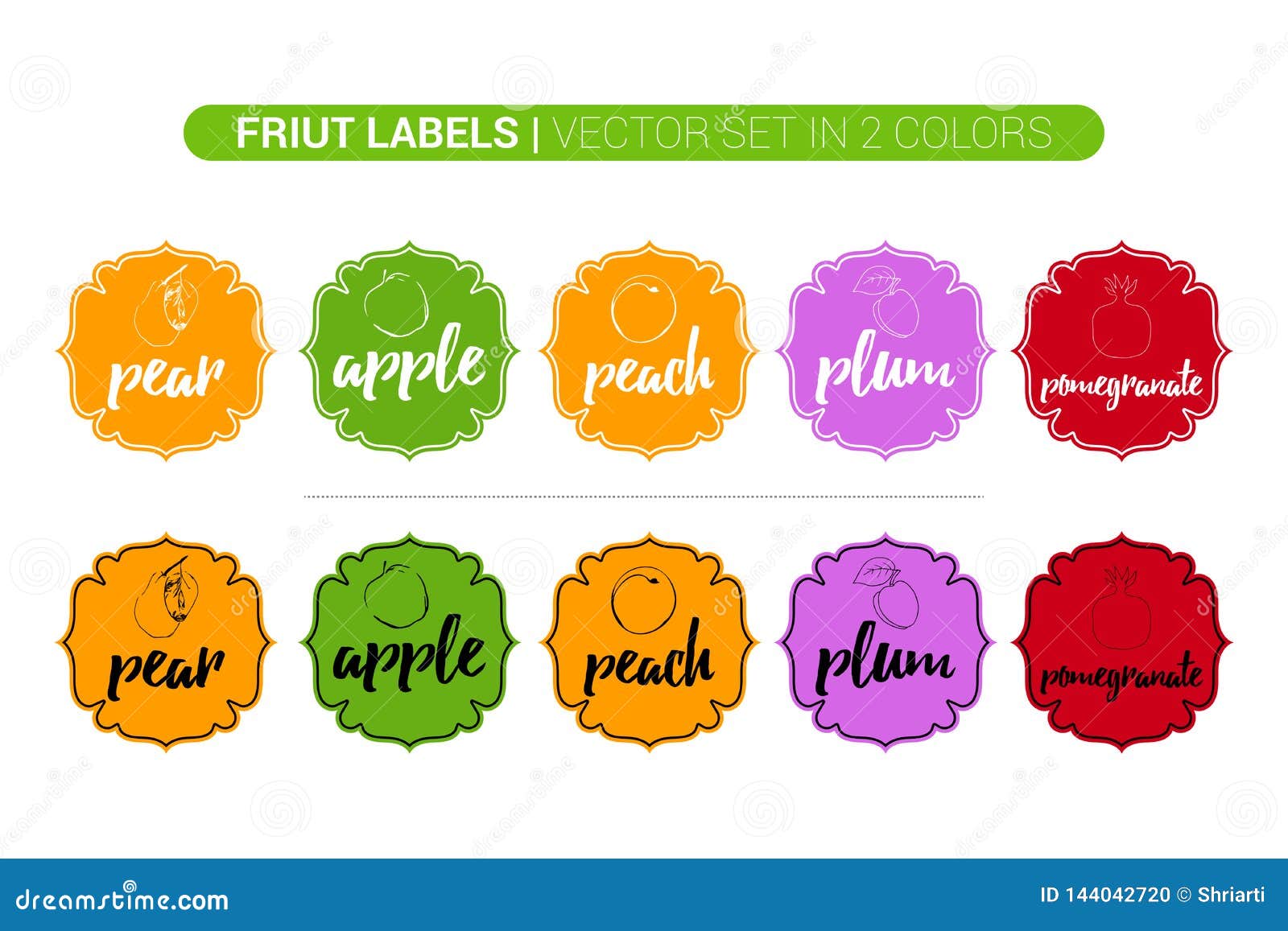 Colorful Fruit Labels Set of Pear, Apple, Peach, Plum, Pomegranate ...
