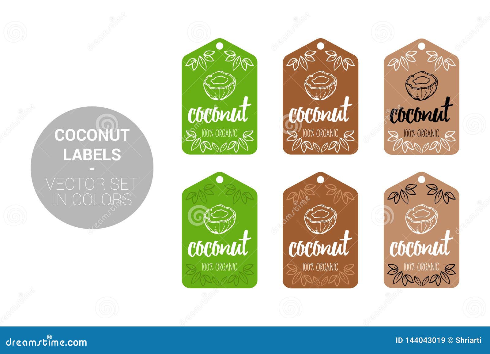 Coconut Eco Labels Vector Set in Green and Brown Colors. Stock Vector ...