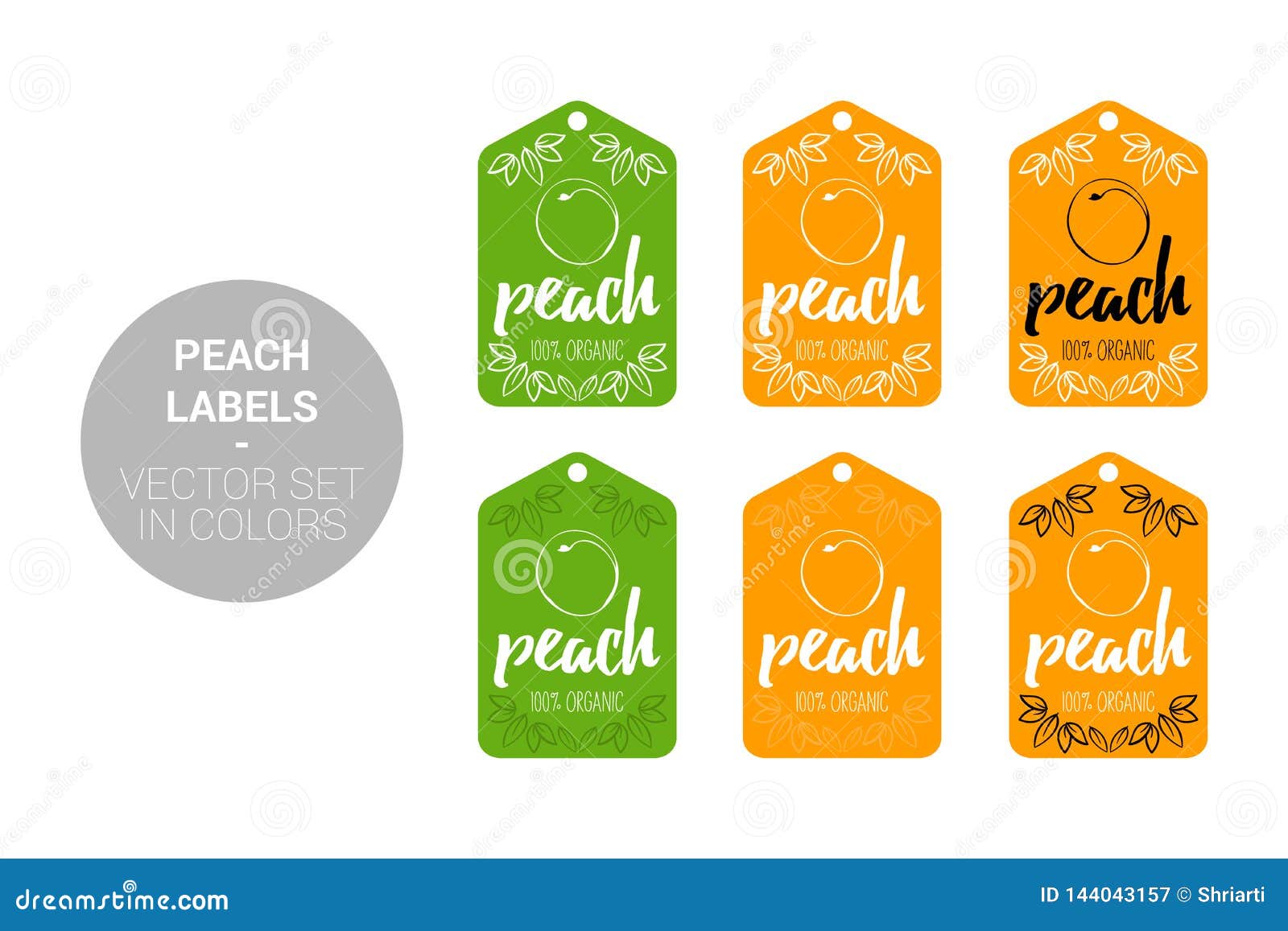 Peach Fruit Natural Store Labels Set in Green, Orange Colors. Stock ...
