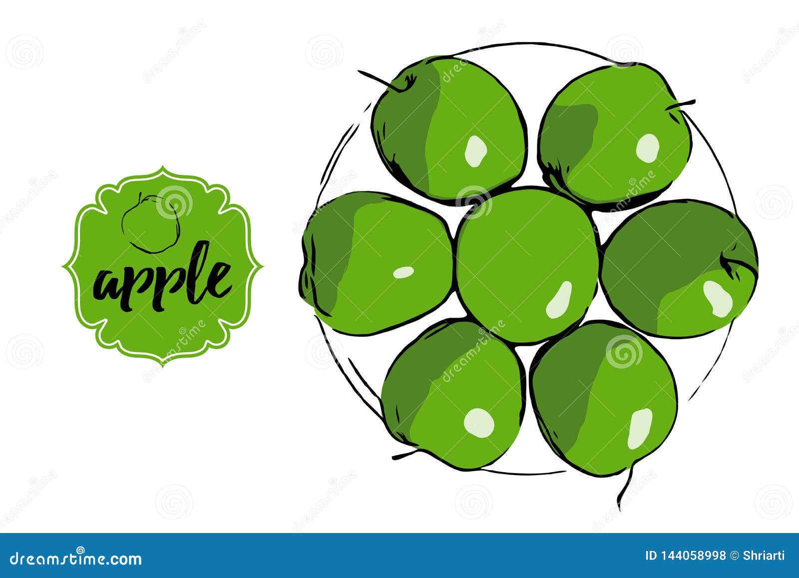 Circle of Vector Apples with Sticker. Hand Drawn Plate with Fresh ...