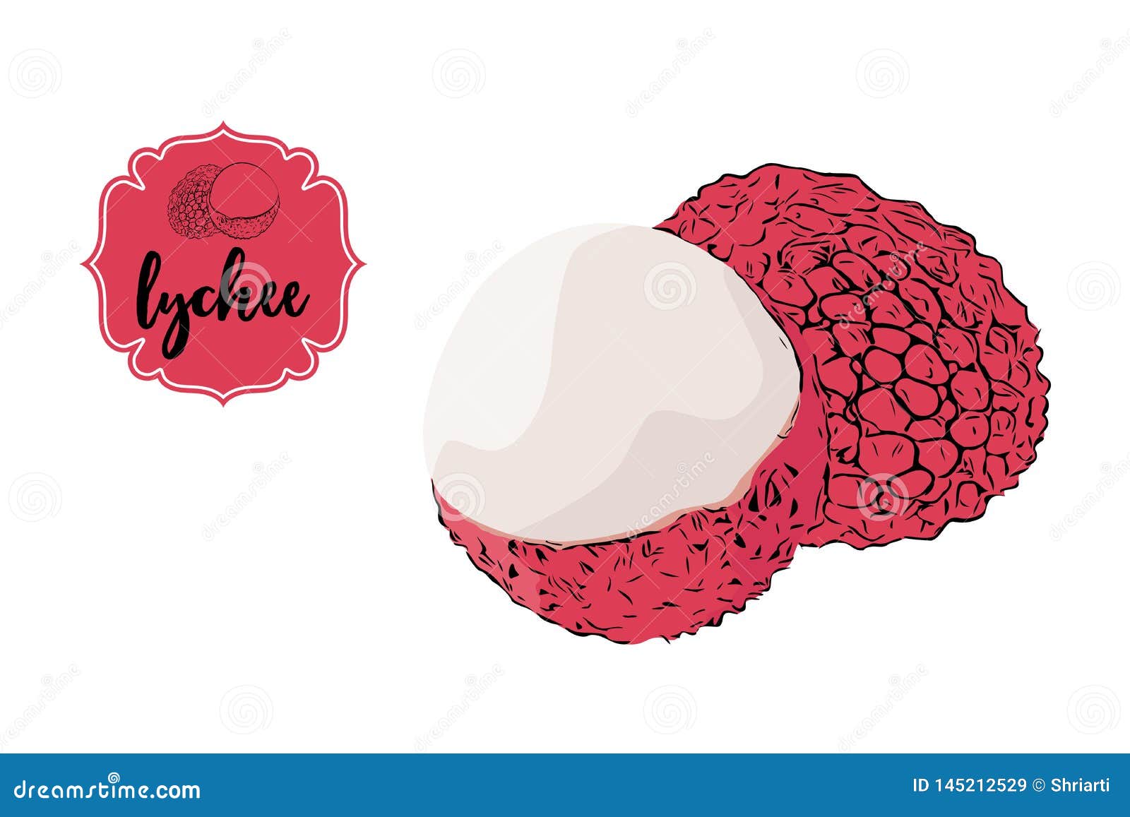 Cartoon Drawn Lychee Isolated on White. Pink Retro Store Label Badge ...