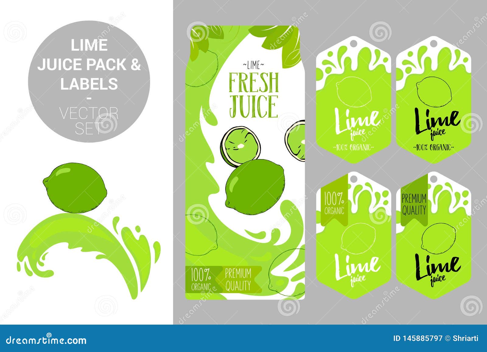 Lime Juice Pack and Organic Fruit Labels Tags. Colorful Tropical ...